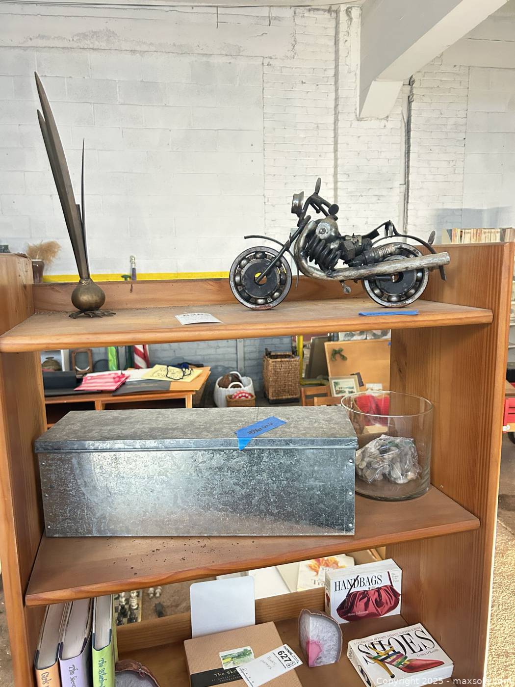 Metal Motorcycle, Feather Sculpture, Galvanized Box, Glass Vase With ...