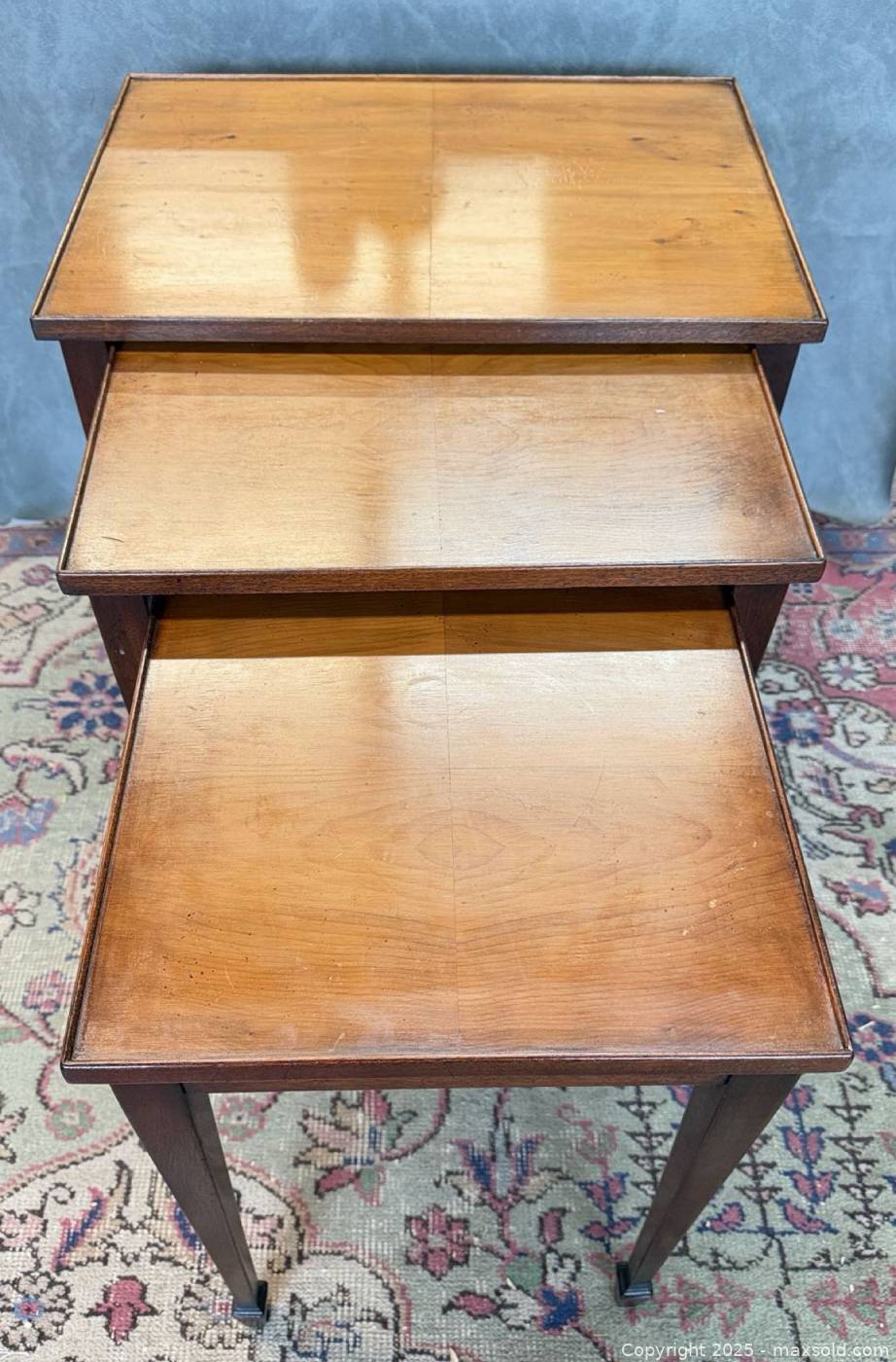 Vintage Guildhall Cabinet three-piece wooden nesting tables | Maxsold