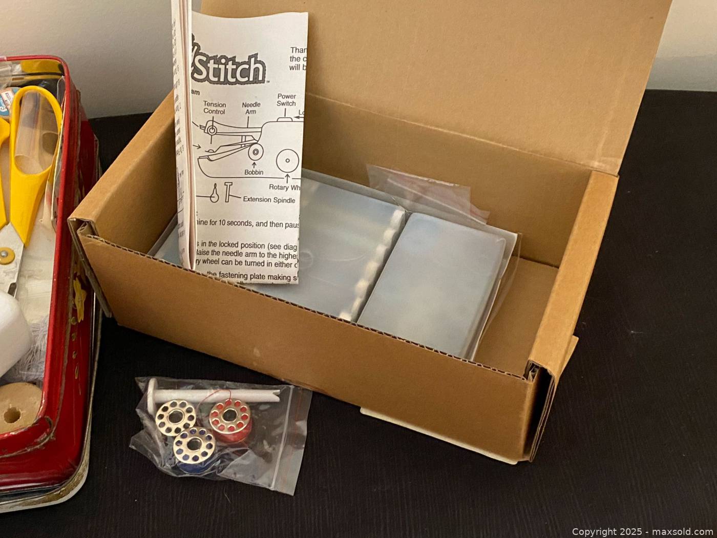 Handy Stitch handheld sewing machine with red metal sewing tin packed ...