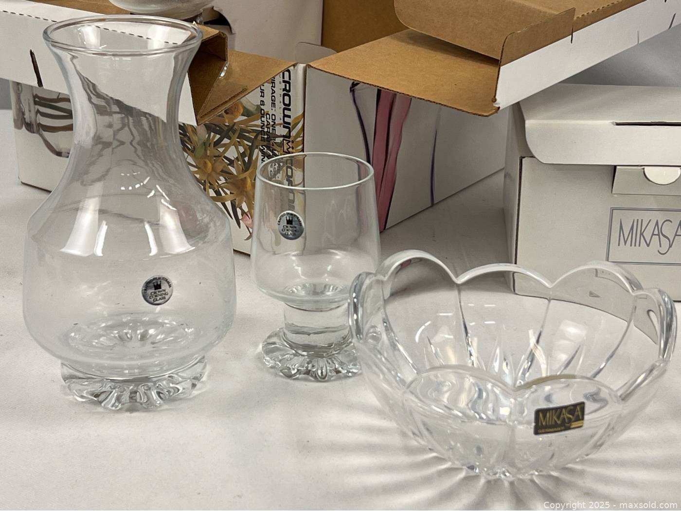 Crown Corning Mirage decanter, 4 glasses, Mikasa 6 in crystal bowl ...