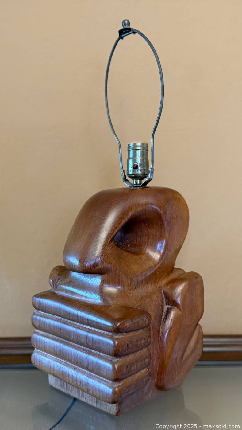 Vintage hand-carved abstract wood table lamp | Maxsold