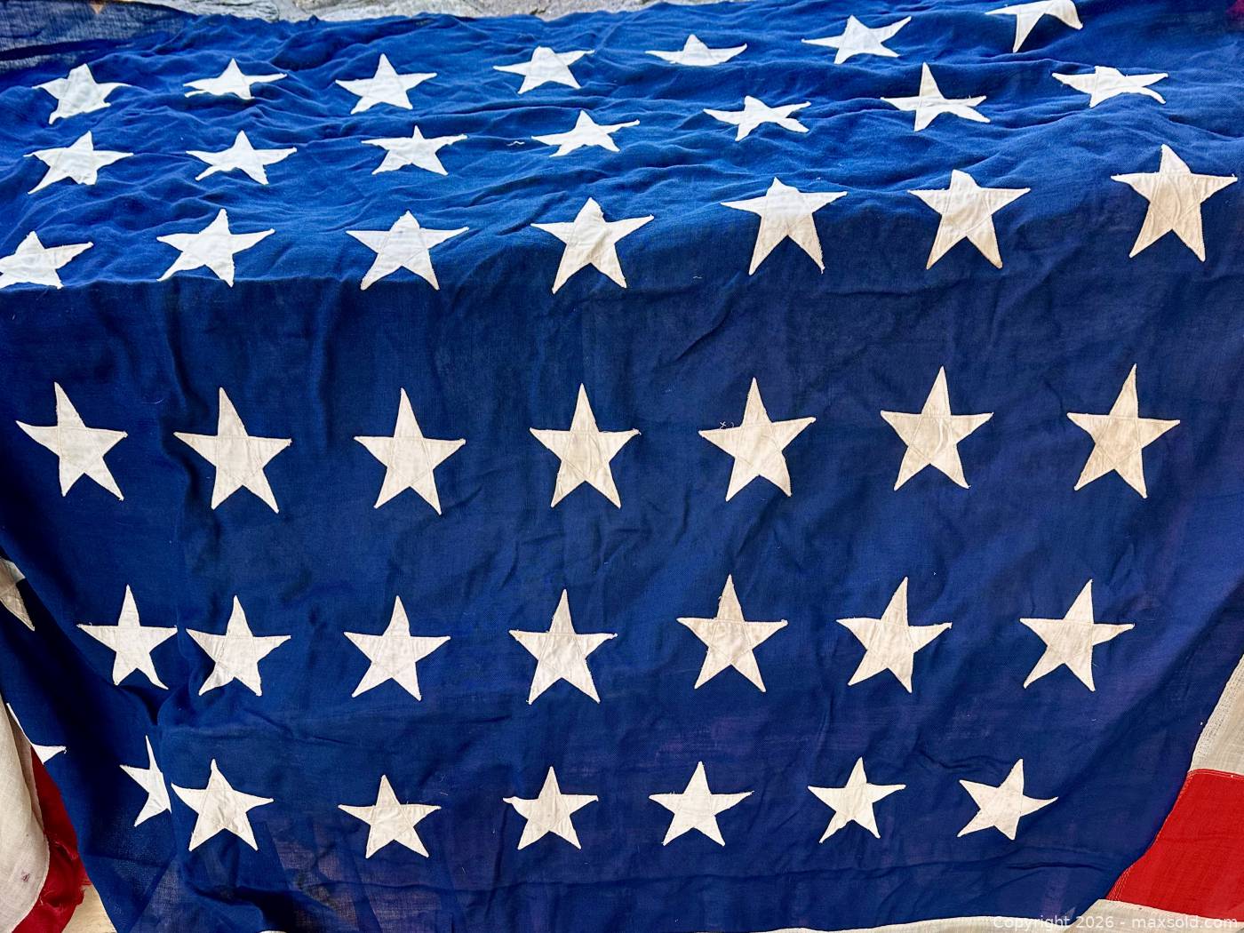 Two 48-Star US Linen Flags With Cast Iron Eagle Plaque | Maxsold