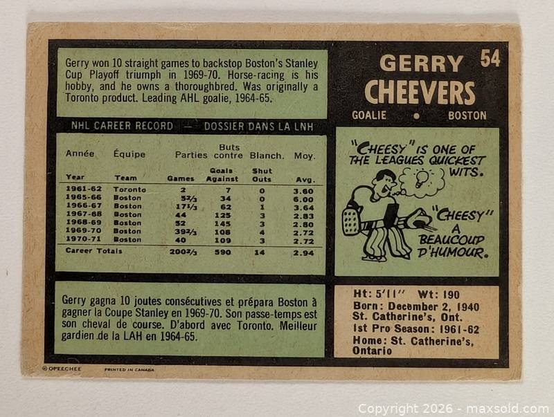 1971-72 O-Pee-Chee Gerry Cheevers #54 card | Maxsold