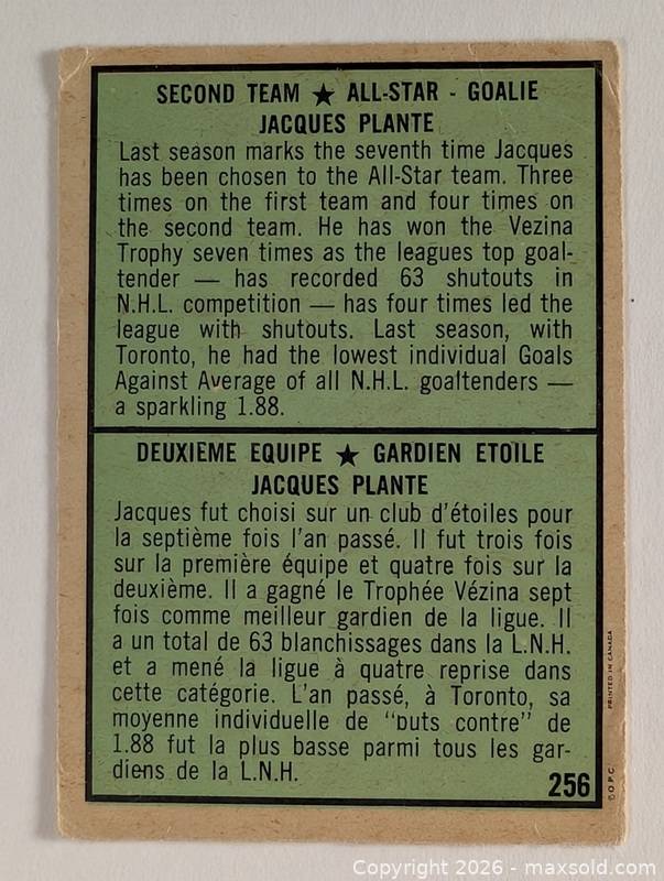 1971-72 O-Pee-Chee Jacques Plante #256 hockey card | Maxsold