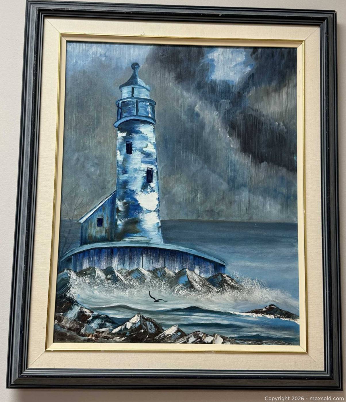 Oil Painting Lighthouse Seascape 21"x25" | Maxsold