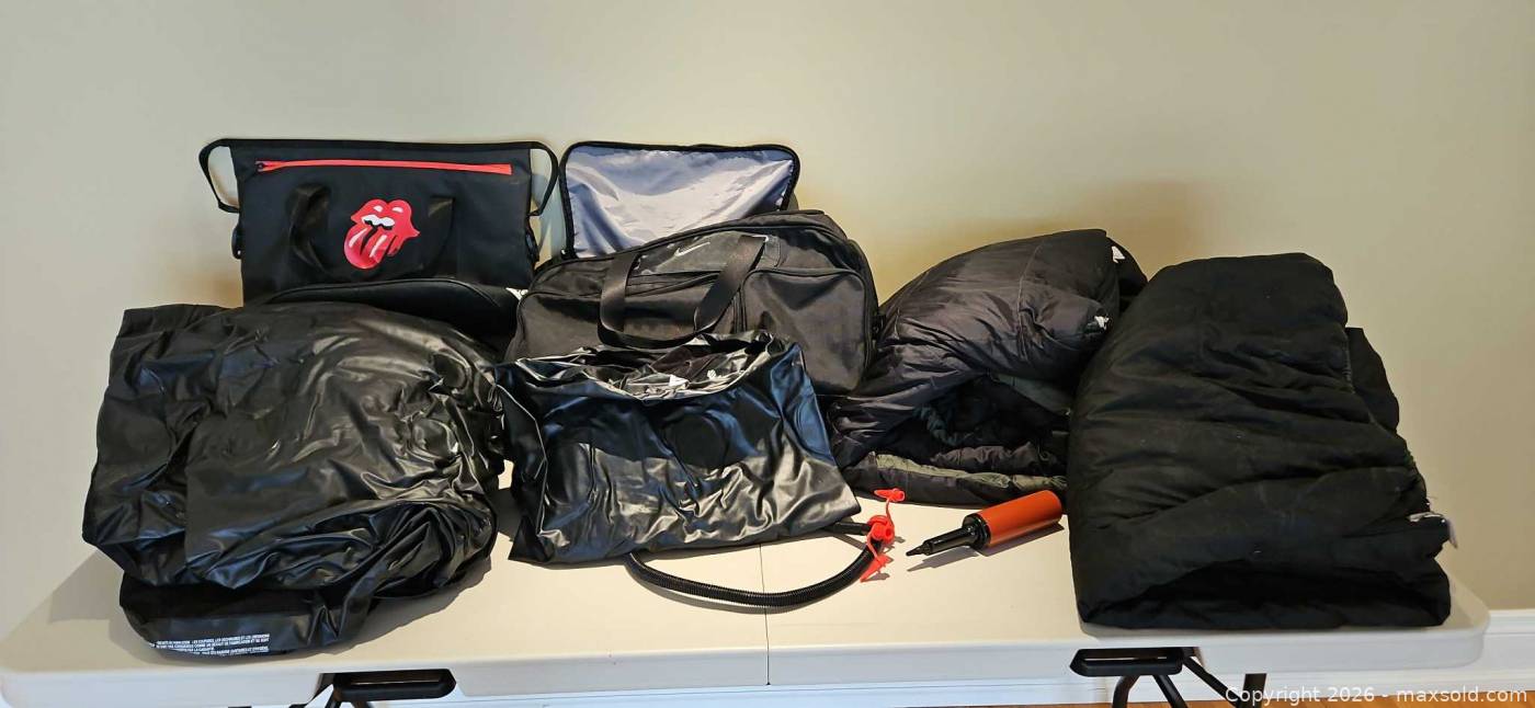 Broadstone air mattresses, Dolomite sleeping bags, Nike duffle, Rolling ...