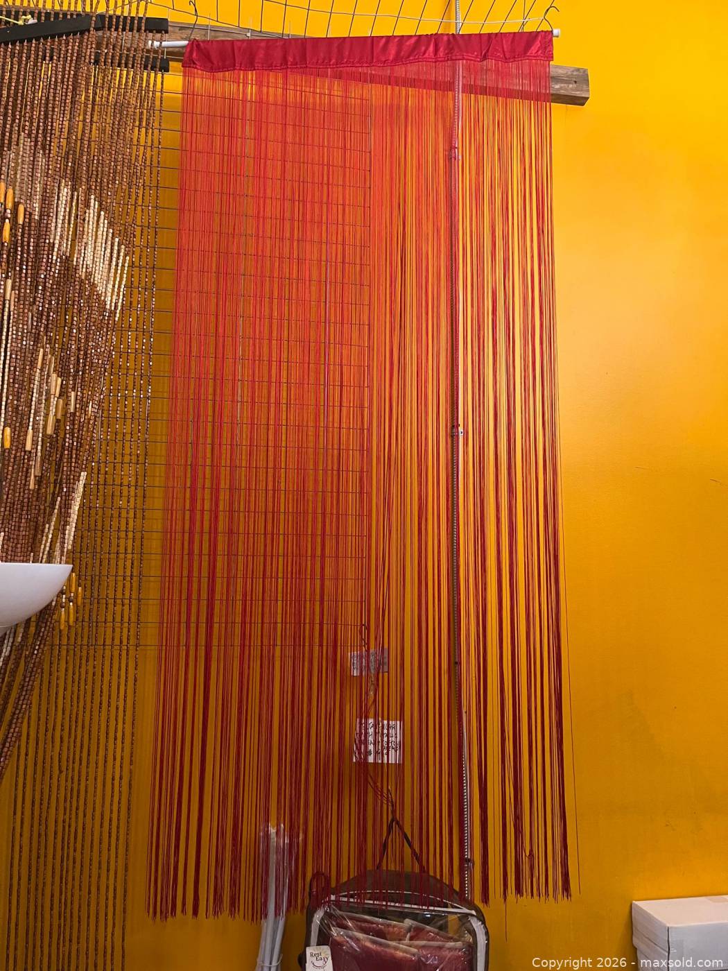 8 red silk string door curtains with adjustable rods | Maxsold