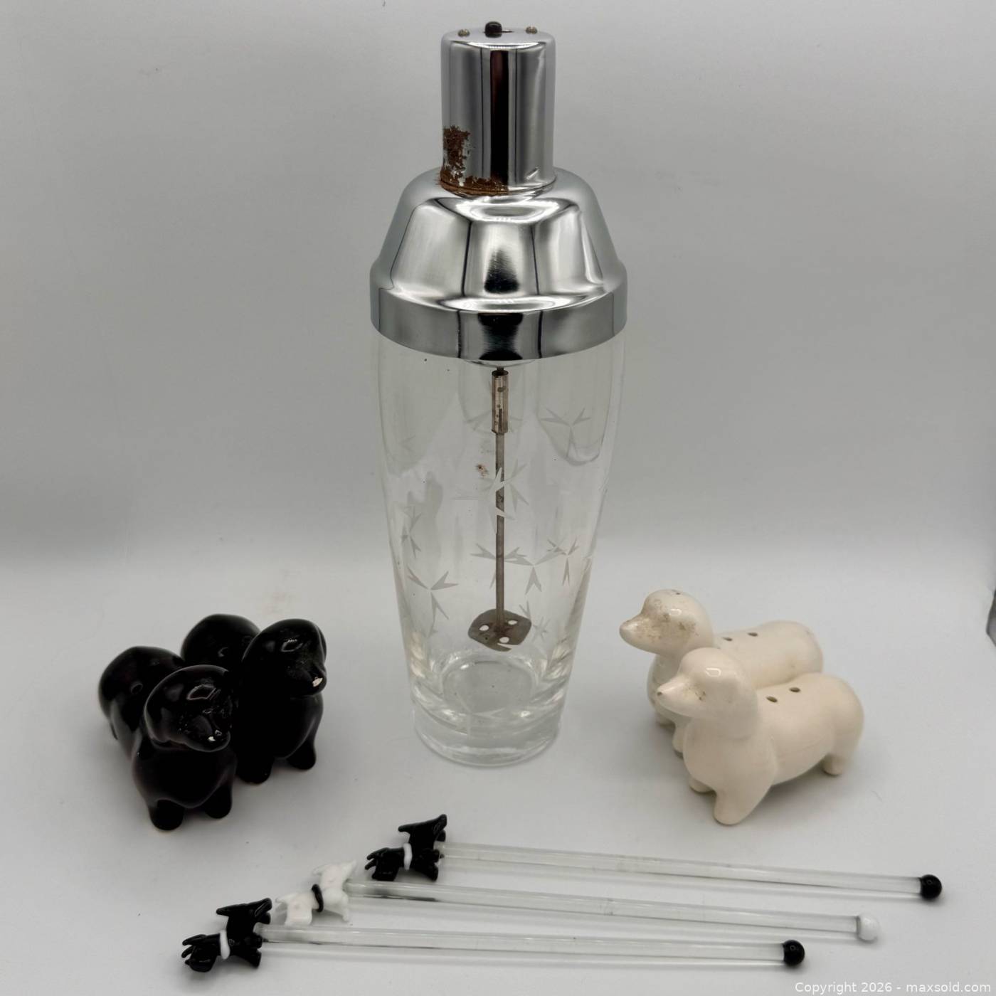 Glass Dog Swizzle Sticks, Chrome Cocktail Shaker, Dachshund Salt ...