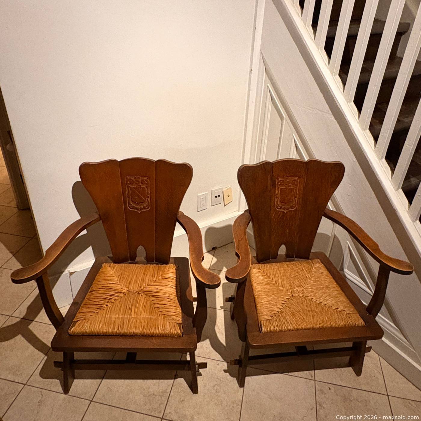 Pair Antique Dutch Arts and Crafts Oak Armchairs | Maxsold