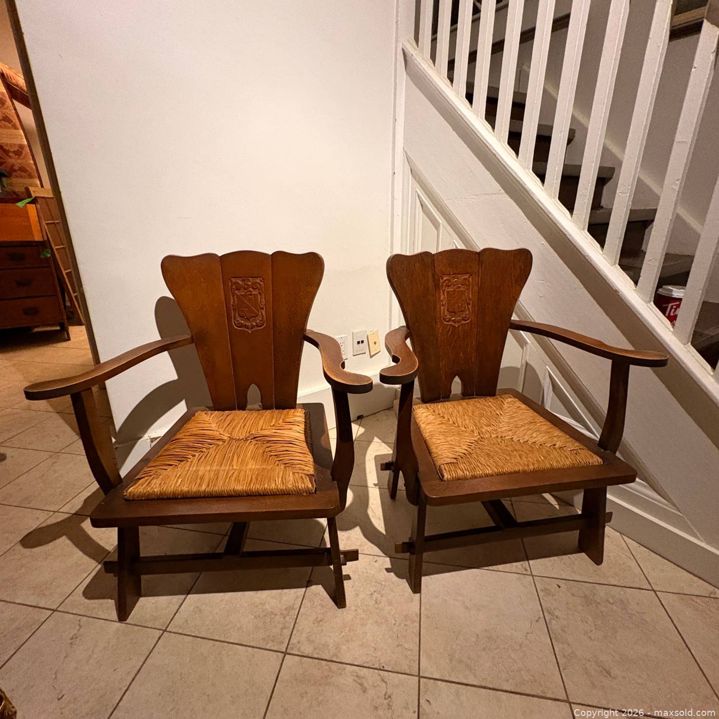 Pair Antique Dutch Arts and Crafts Oak Armchairs | Maxsold