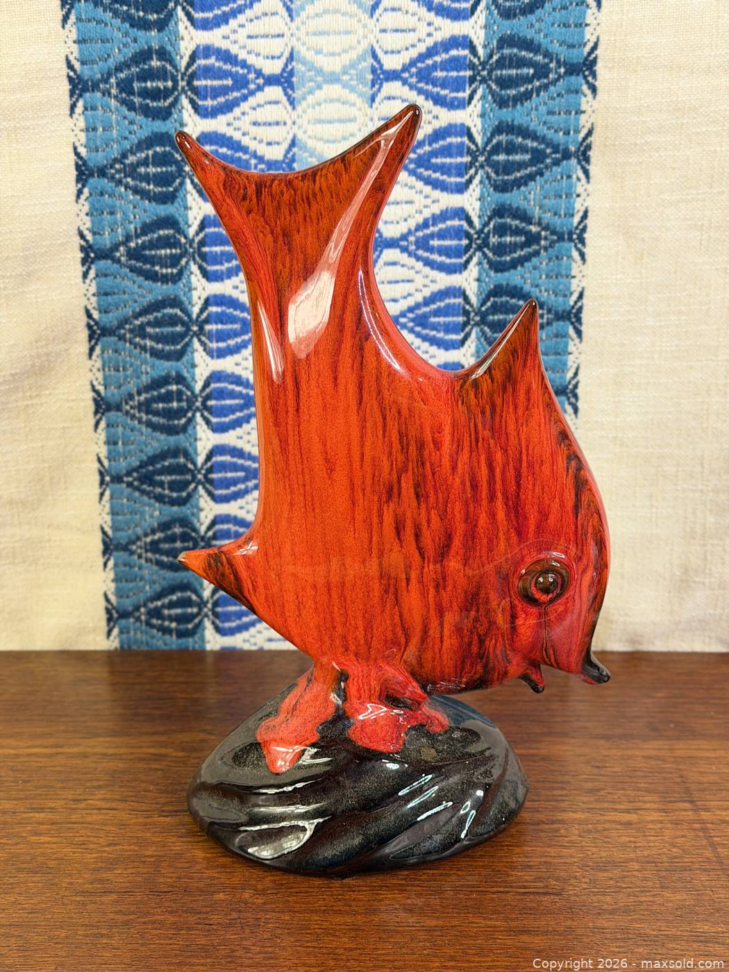 Evangeline Pottery Orange and Black Drip Glaze Angel Fish Figurine ...