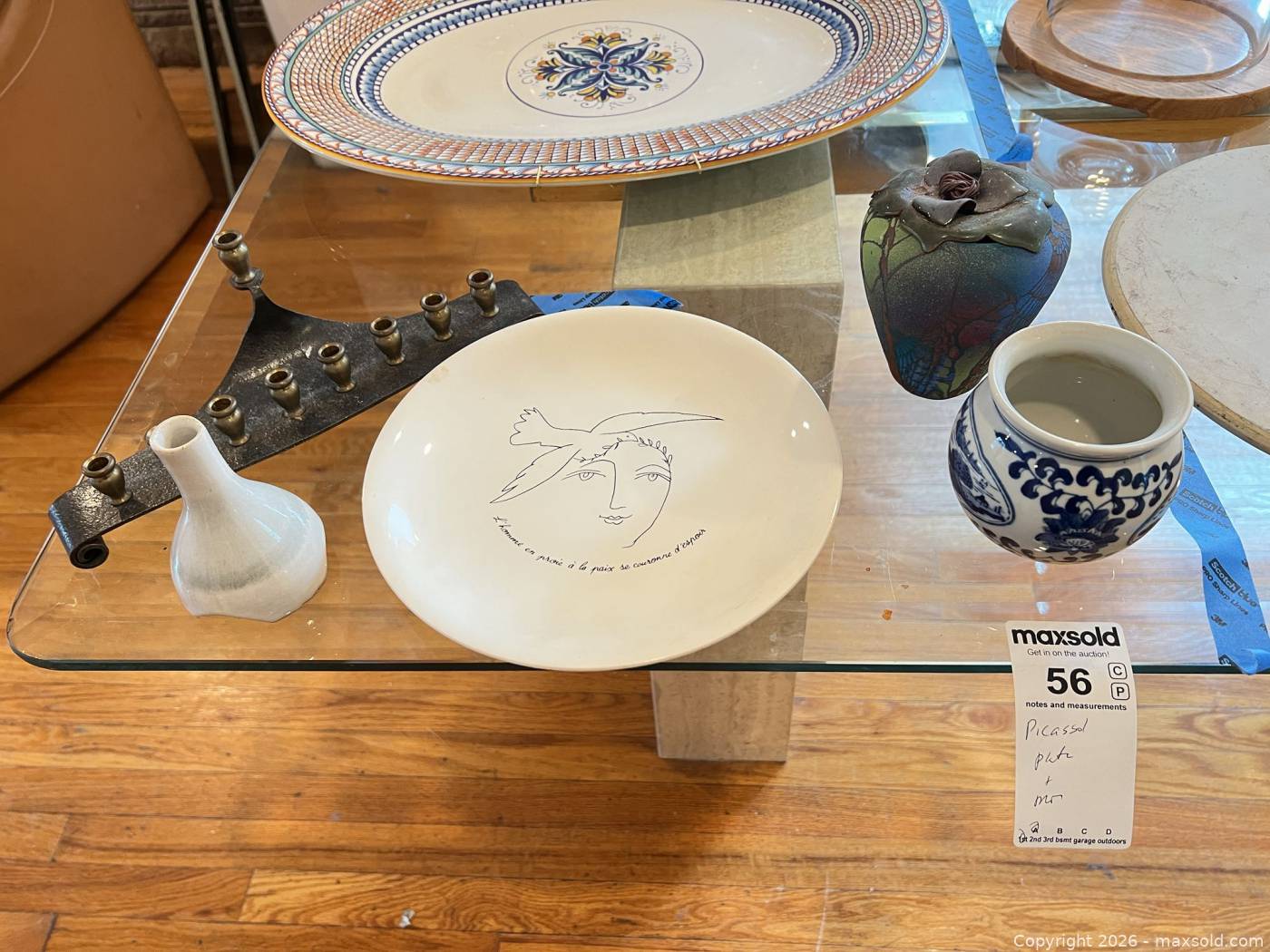 Ceramic plate, two vases, jar, metal candle holder | Maxsold