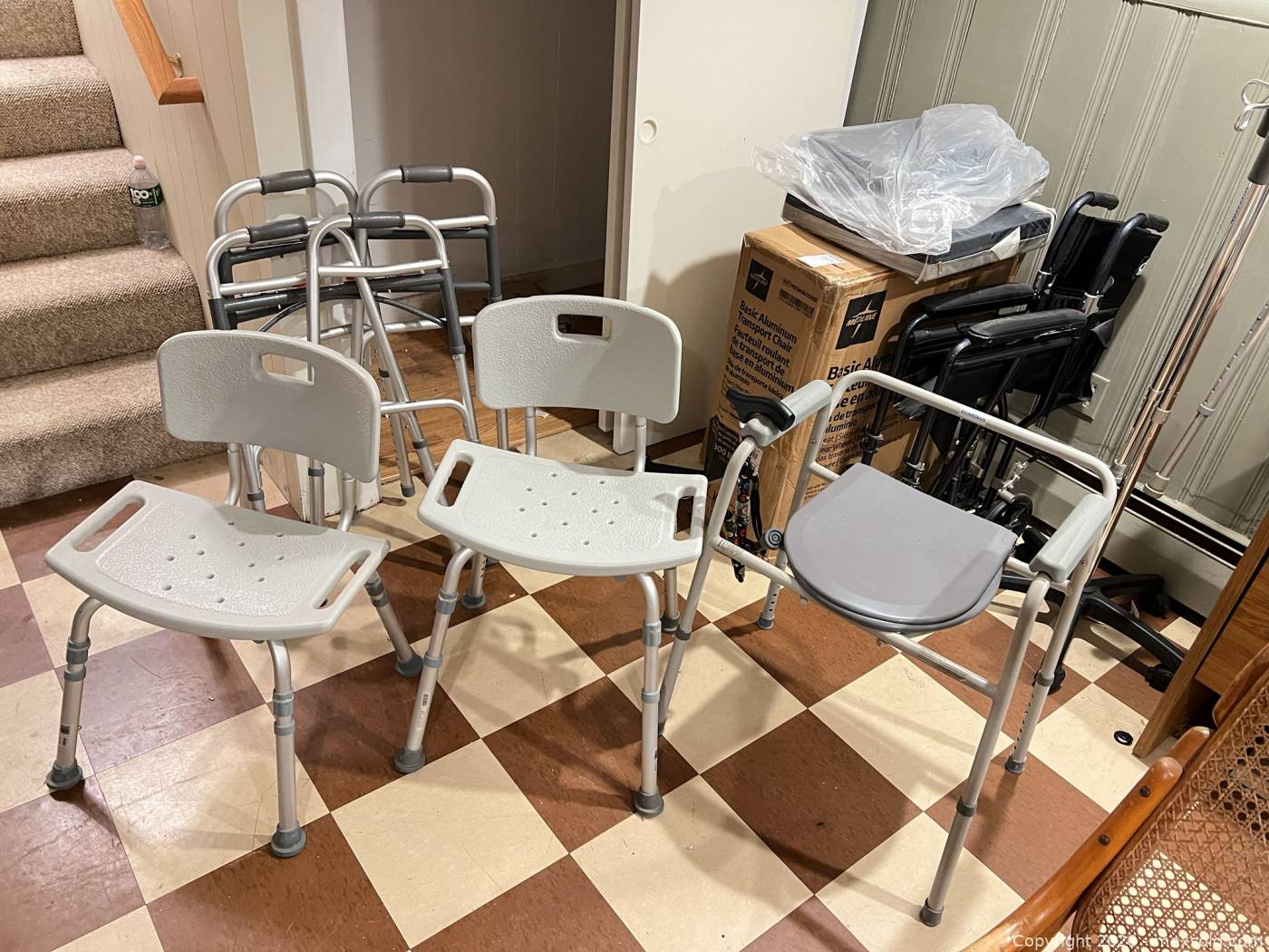 Mobility aids lot – shower chairs, wheelchair, walkers, IV pole, canes ...