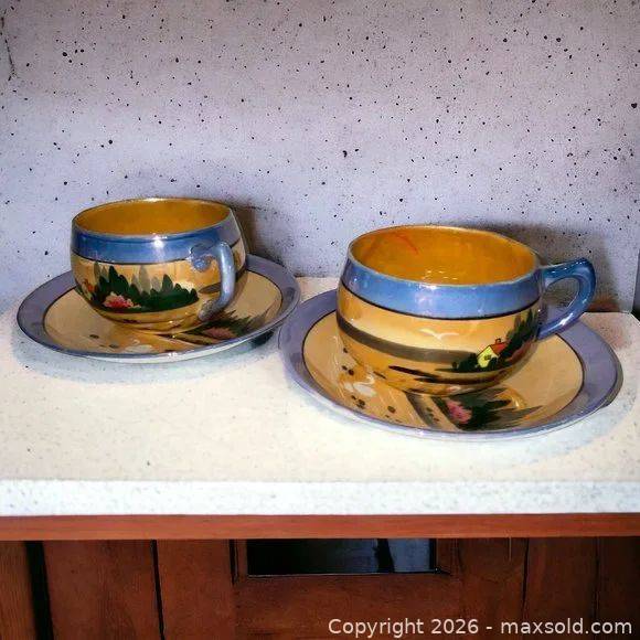 RS Japan 1950s Peach Blue Lustreware Cups and Saucers | Maxsold