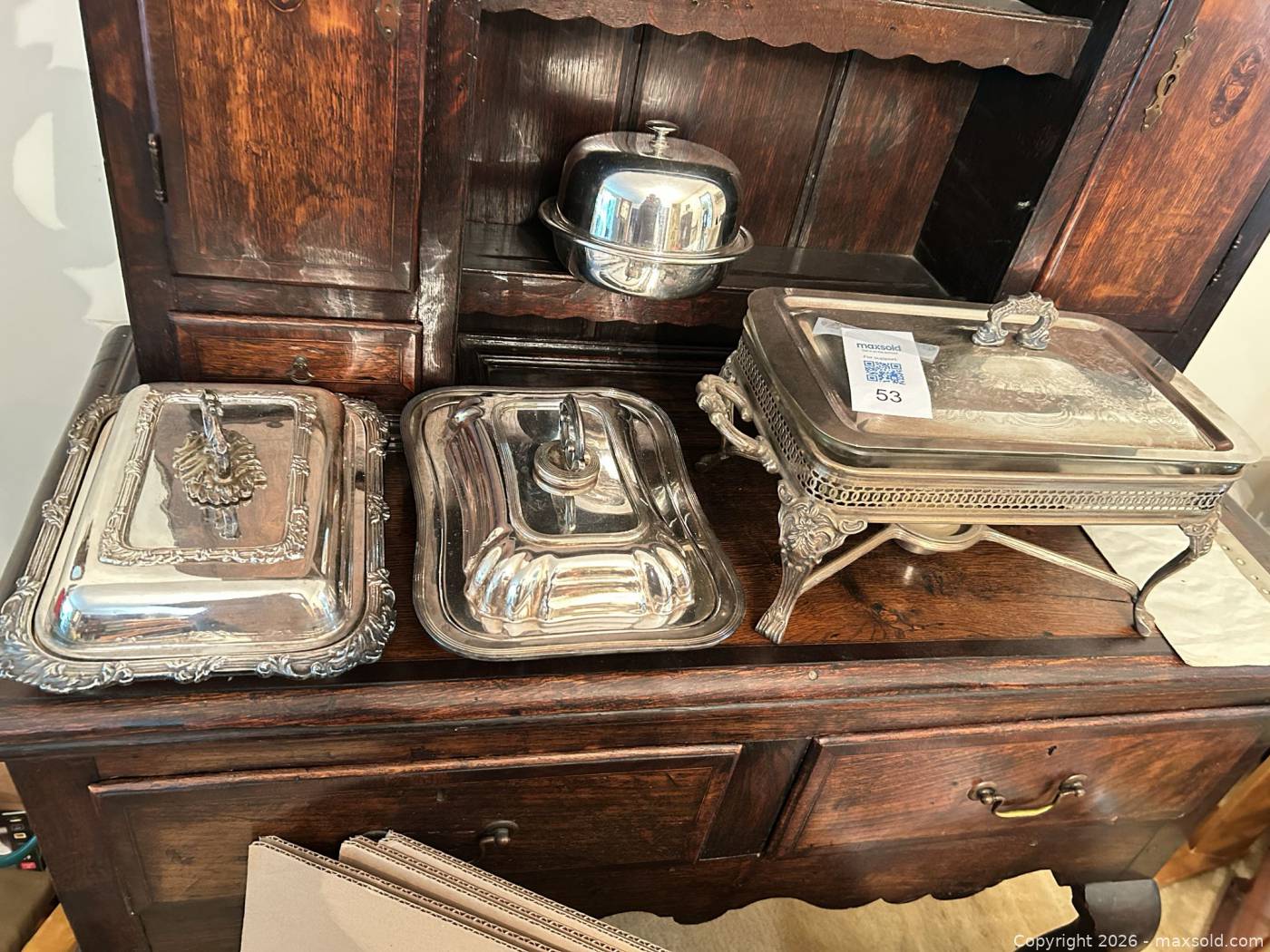 Silver plate chafing dish and covered serving dishes | Maxsold