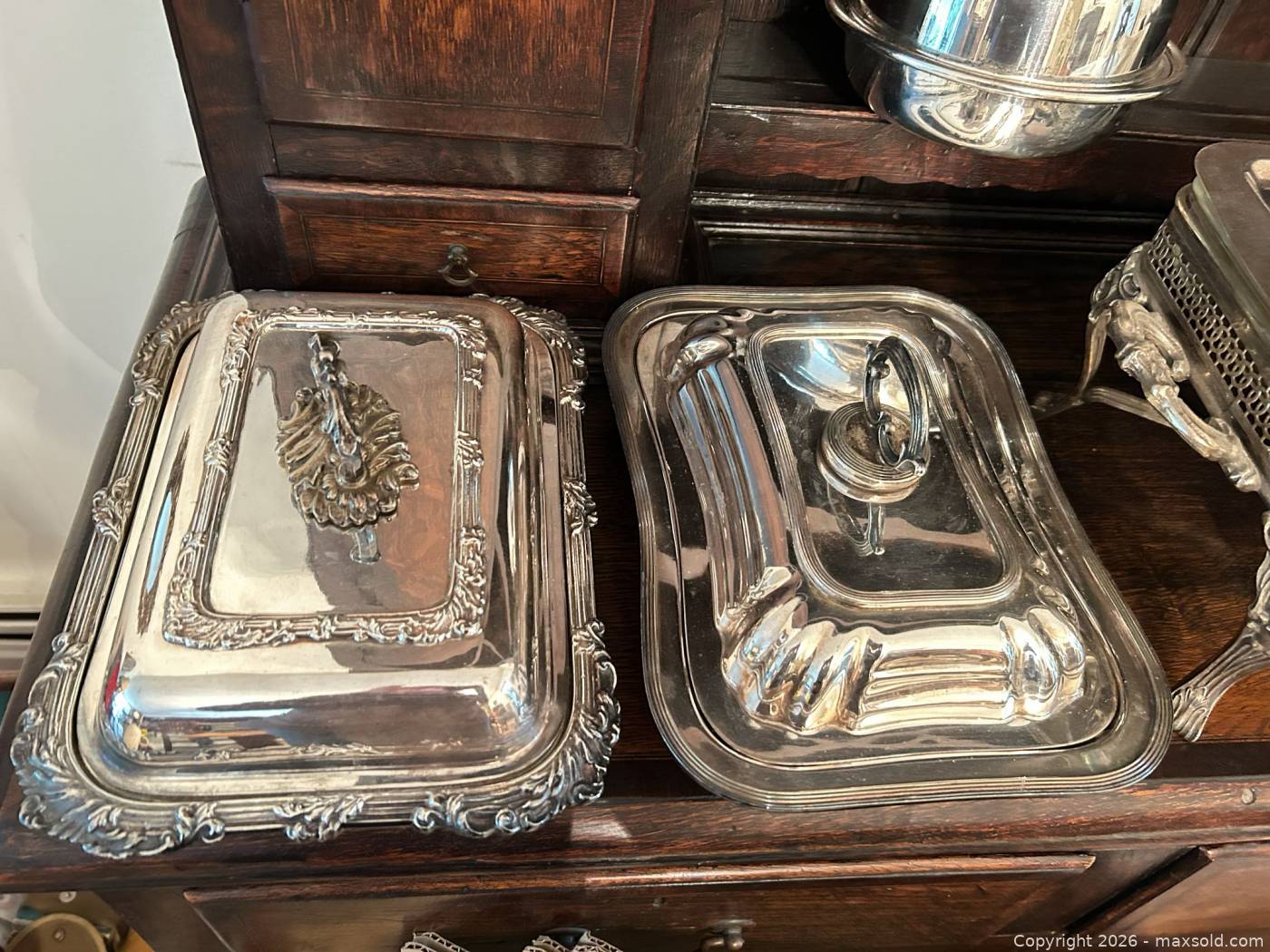 Silver plate chafing dish and covered serving dishes | Maxsold