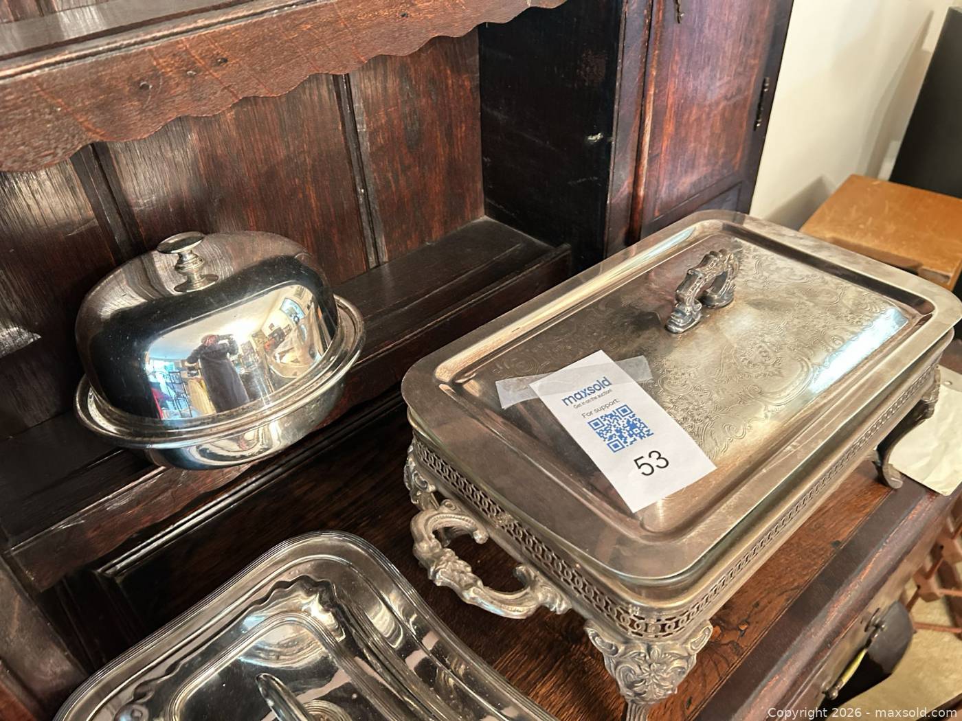 Silver plate chafing dish and covered serving dishes | Maxsold
