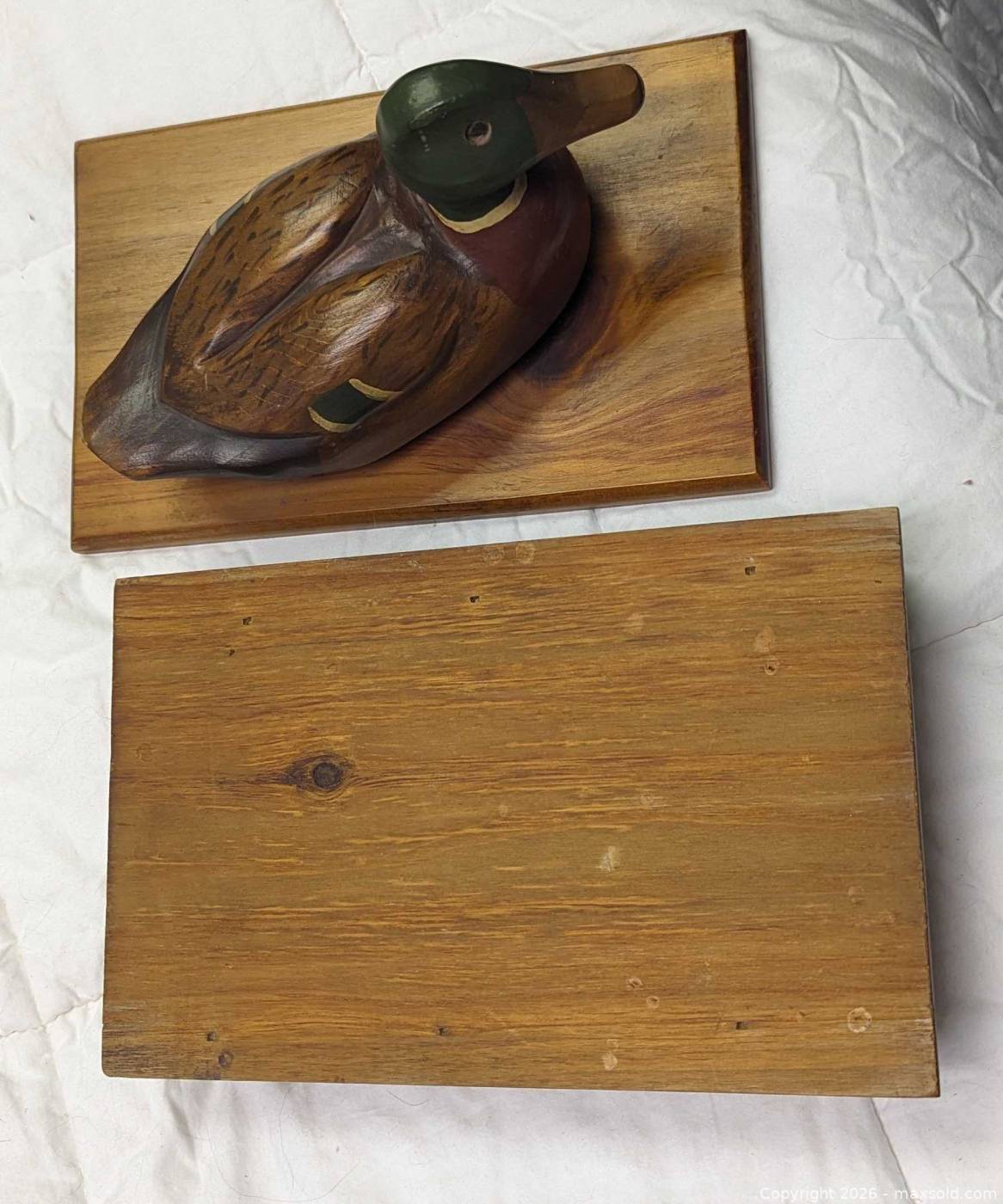 Carved Wood Mallard Duck Sculpture on Box | Maxsold
