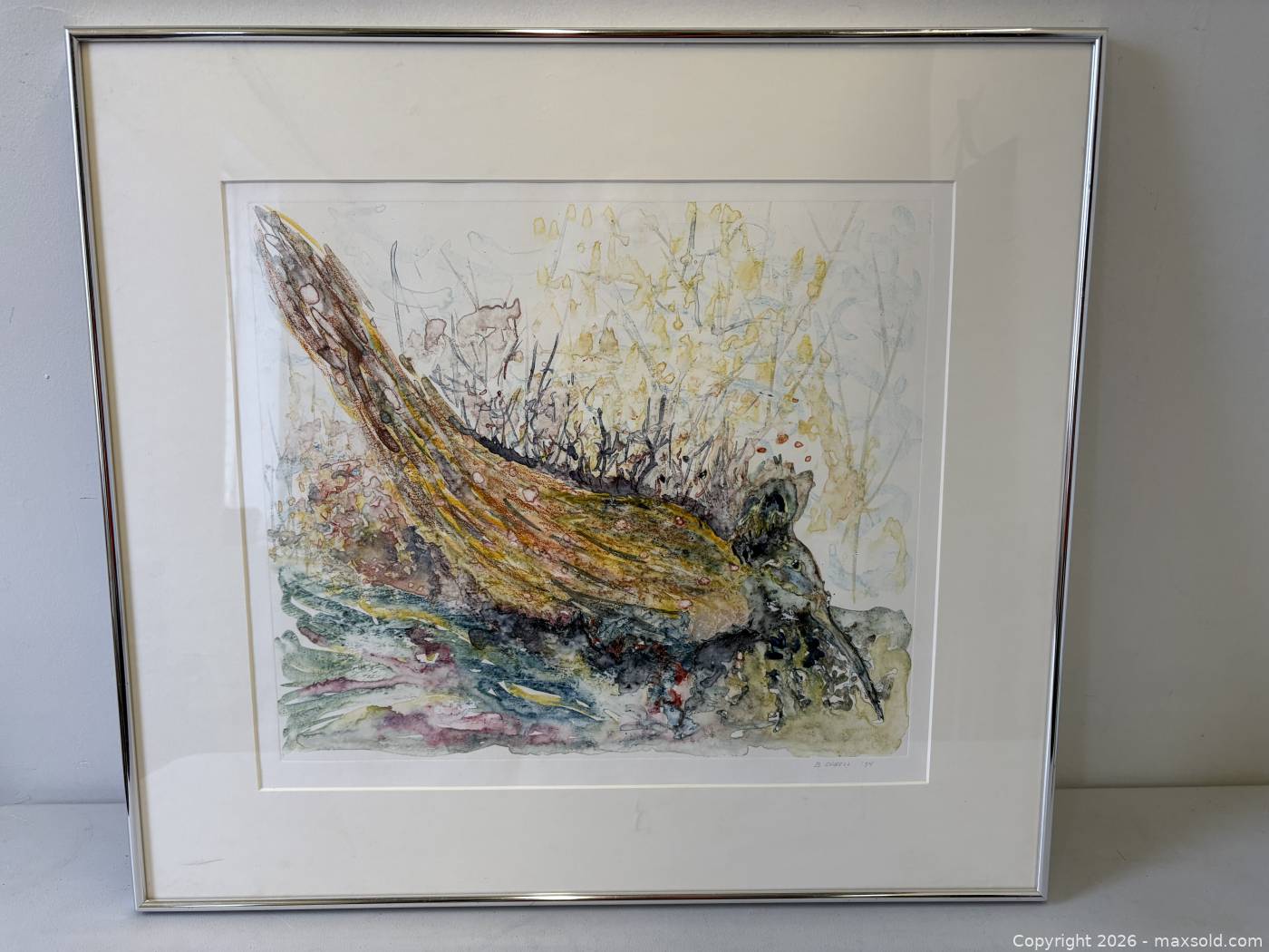 Framed abstract bird watercolour painting signed B Engell 1994 | Maxsold