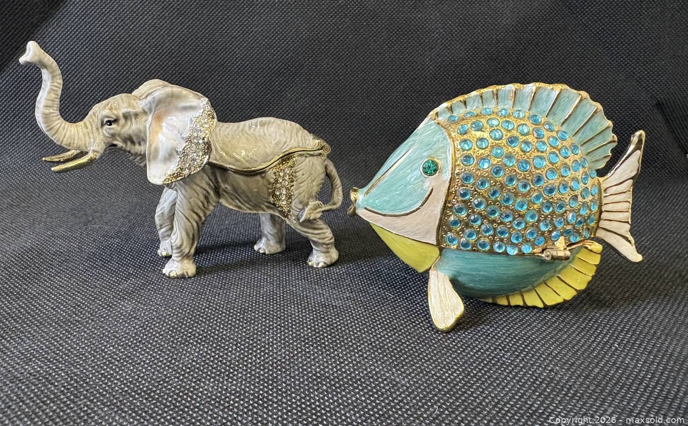 Enameled Elephant & Angel Fish Hinged Trinket Boxes With Pendant | Maxsold
