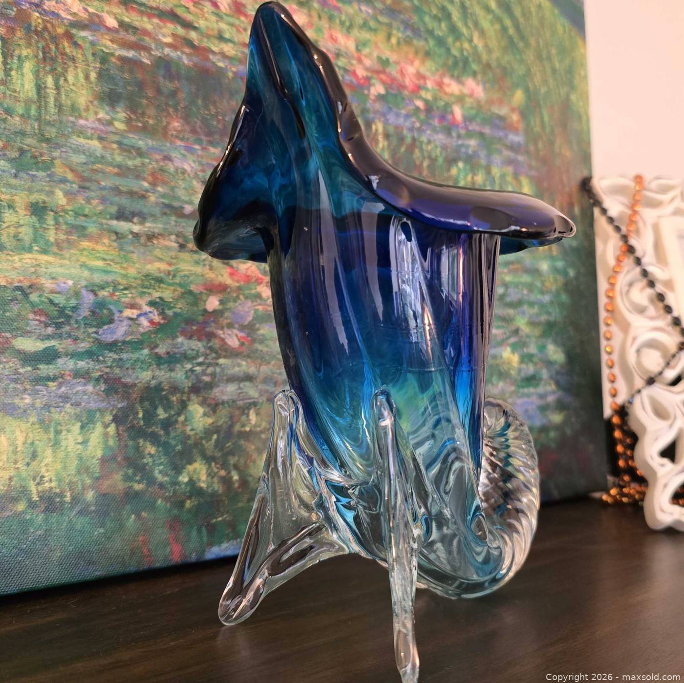 Cobalt Blue Hand-Blown Glass Cornucopia Horn | Maxsold