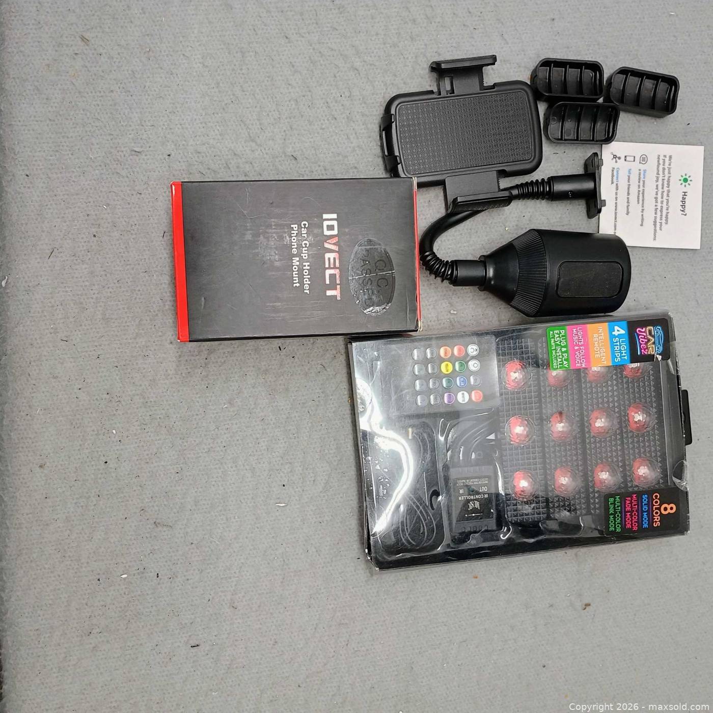 Car Vibez LED strip kit, phone mount, cup holder | Maxsold