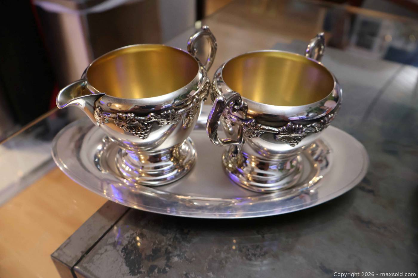 Silver plate creamer, sugar, oval tray | Maxsold