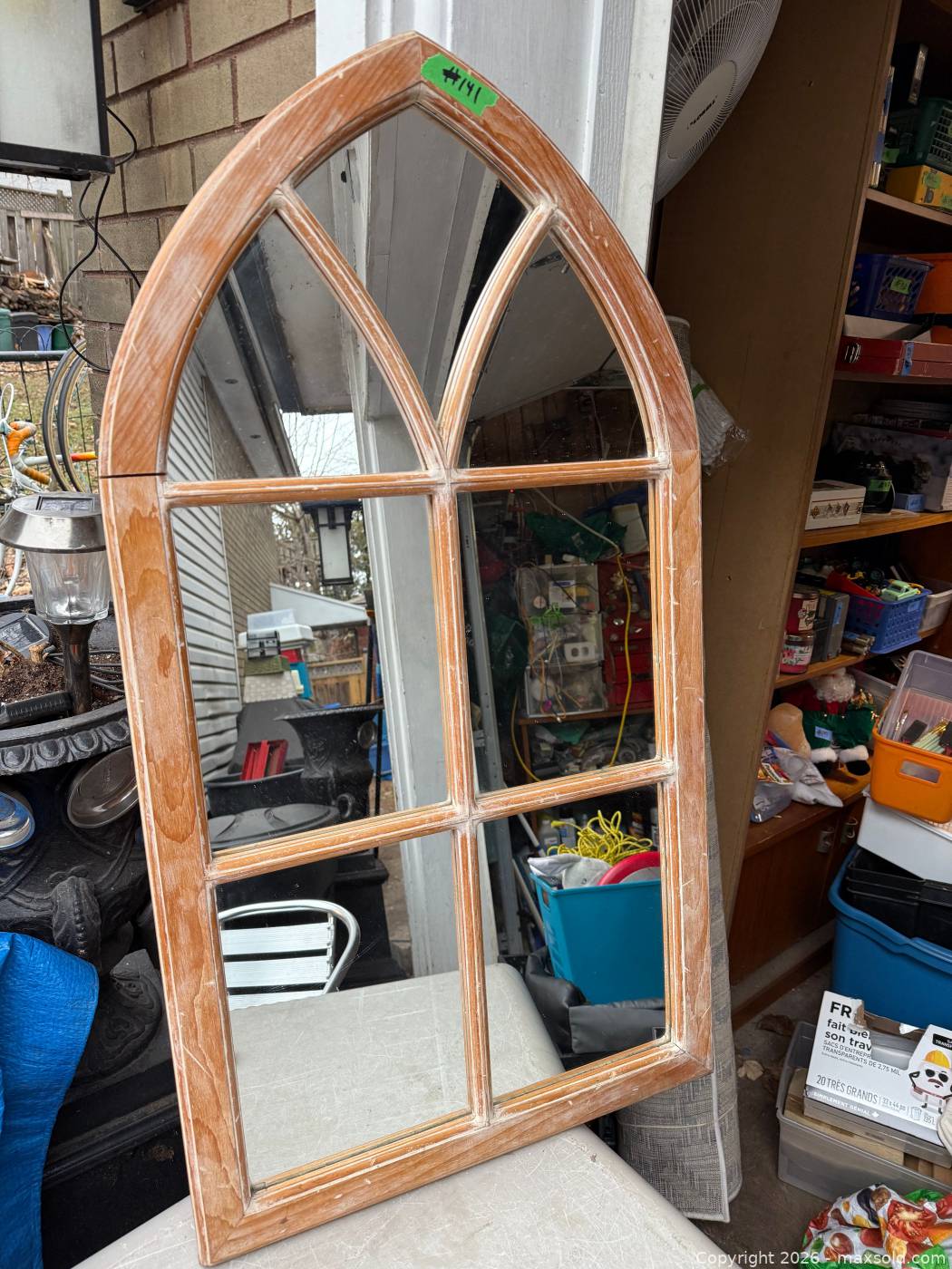 Gothic wood window frame mirror | Maxsold