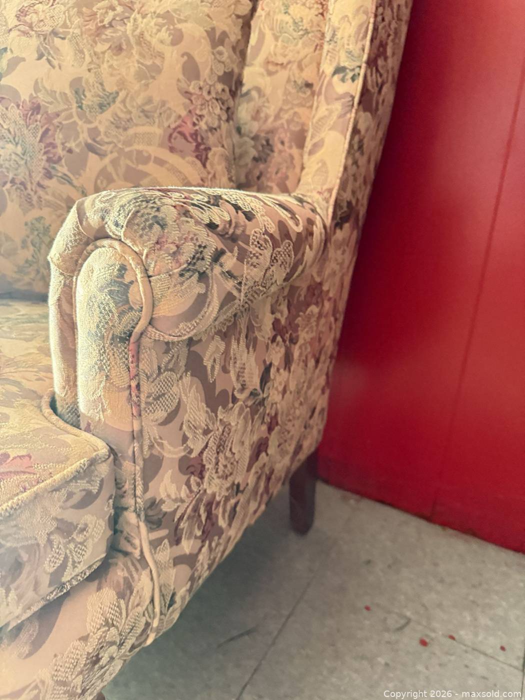 Traditional wingback armchair with floral jacquard upholstery | Maxsold