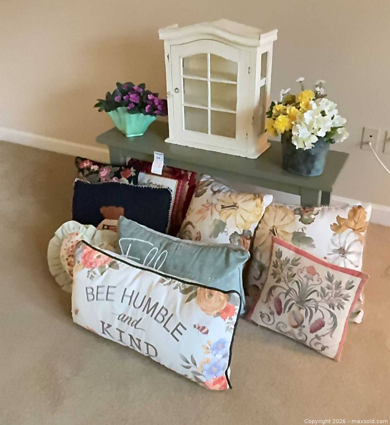 Wood Bench, Small Cabinet, Pillows, Faux Floral | Maxsold