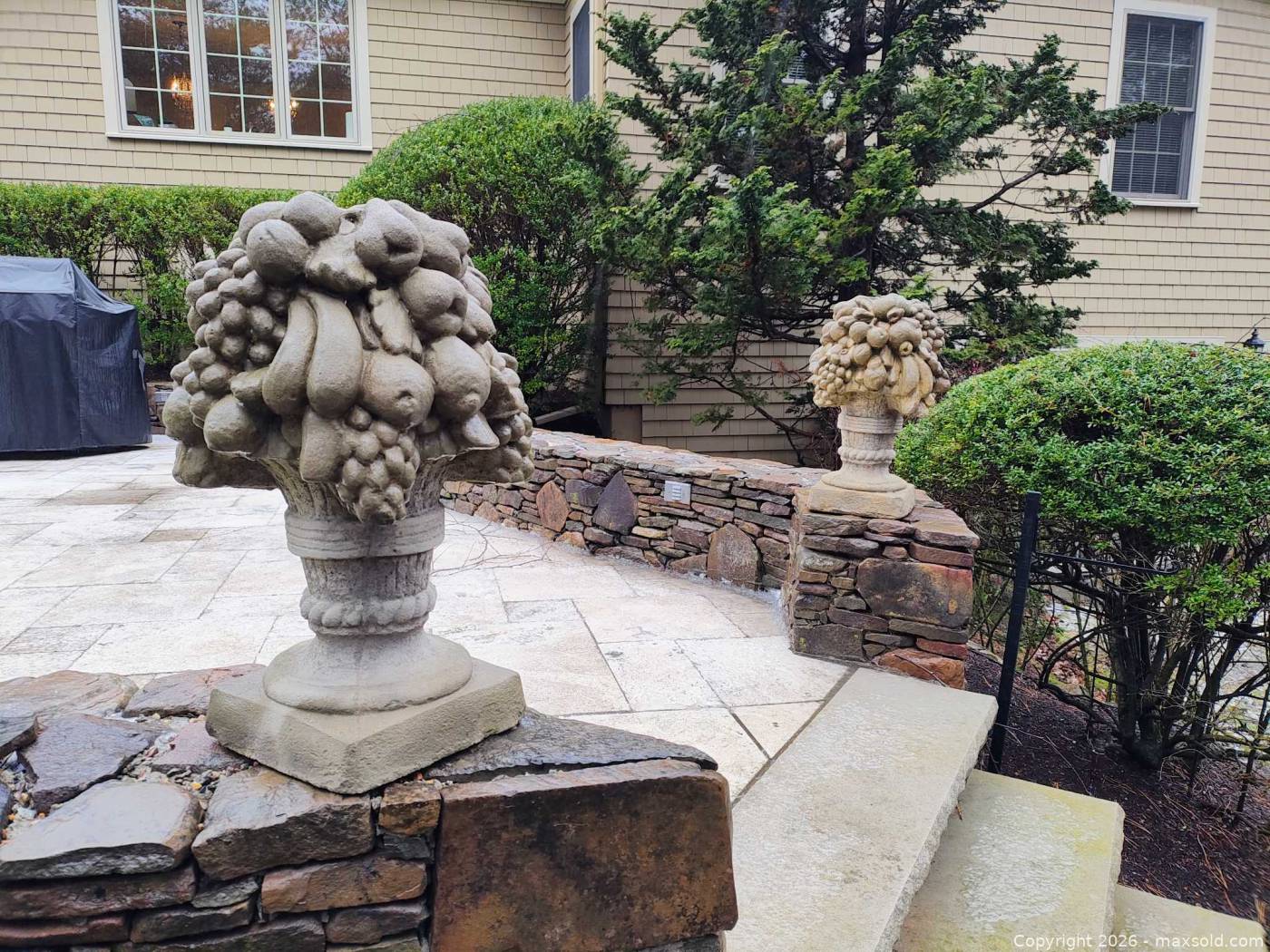 Pair cast stone fruit basket garden urns | Maxsold