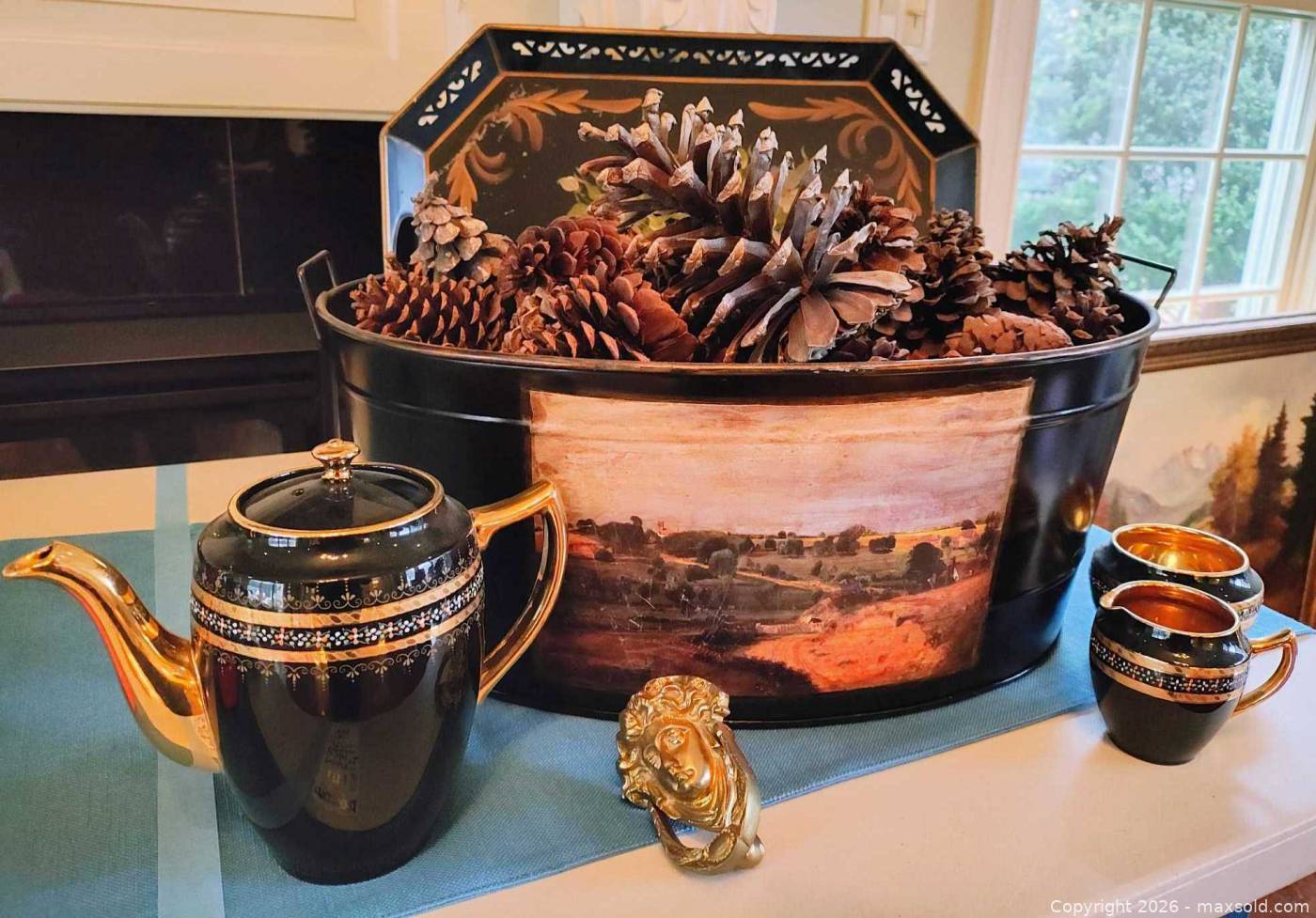 Porcelain Teapot & Cups, Painted Metal Tub, Tray, Pinecones, Gold-Tone ...