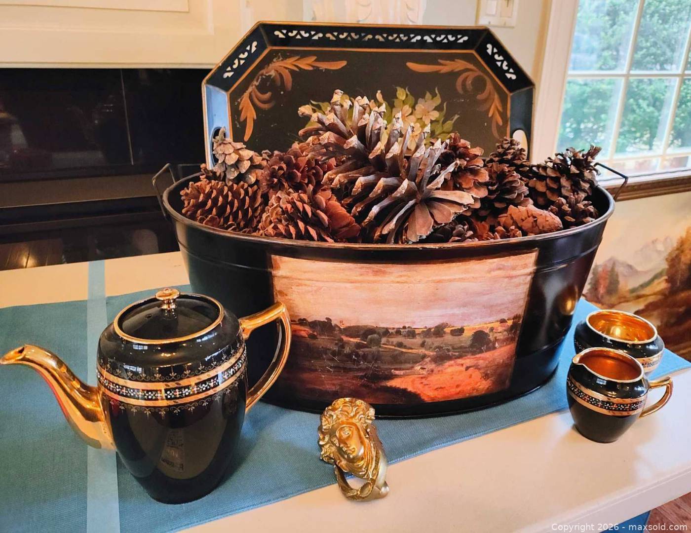 Porcelain Teapot & Cups, Painted Metal Tub, Tray, Pinecones, Gold-Tone ...