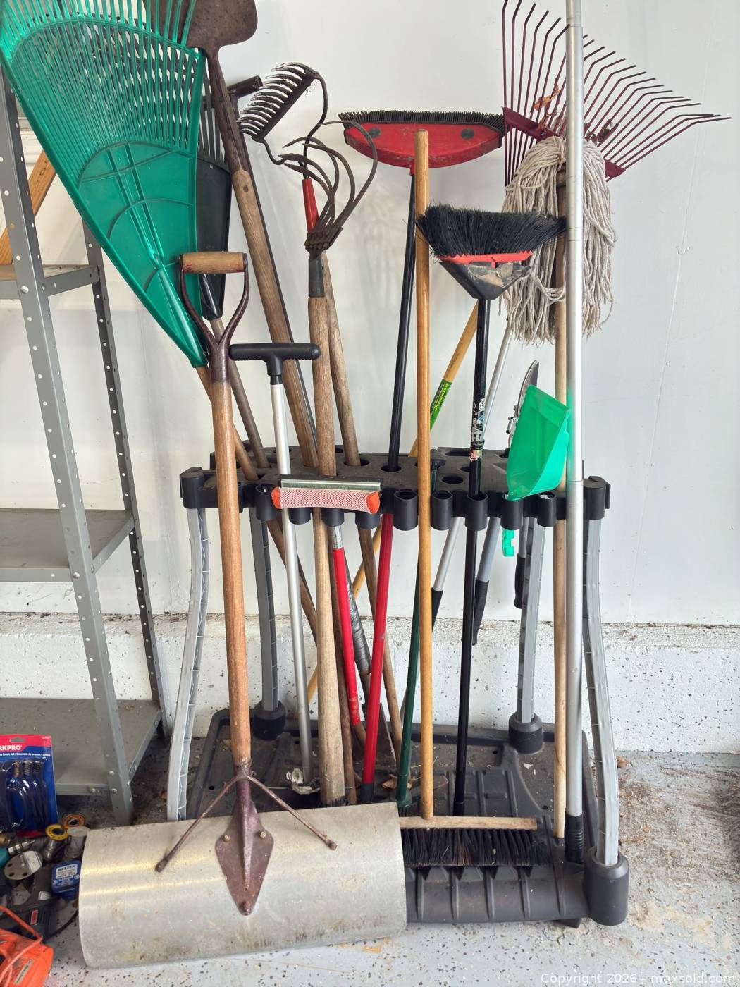 Assorted garden and cleaning tools with rack | Maxsold