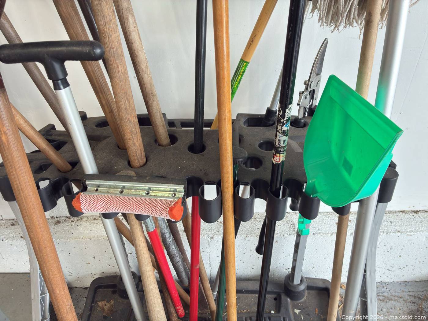 Assorted garden and cleaning tools with rack | Maxsold