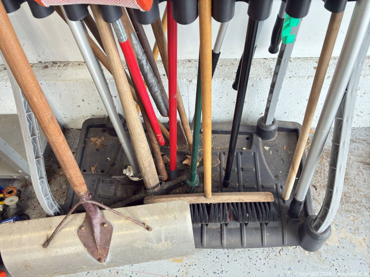 Assorted garden and cleaning tools with rack | Maxsold