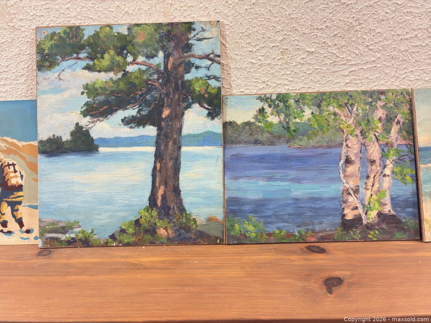 Six small vintage landscape and figure paintings on board | Maxsold