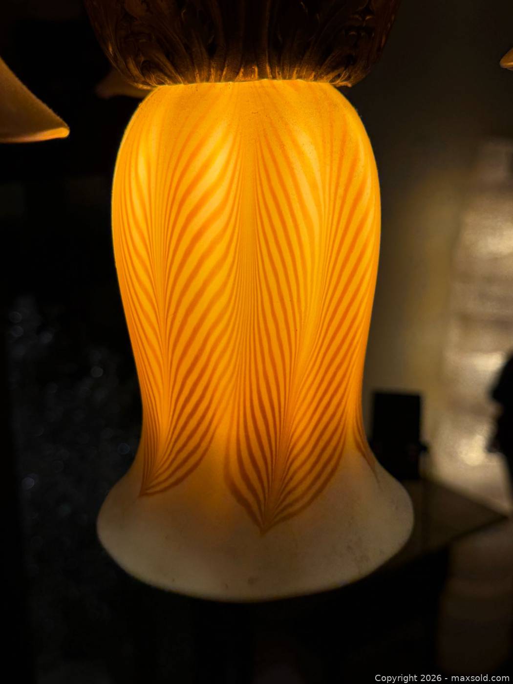 Art Nouveau brass ceiling light with 4 iridescent pulled-feather glass ...