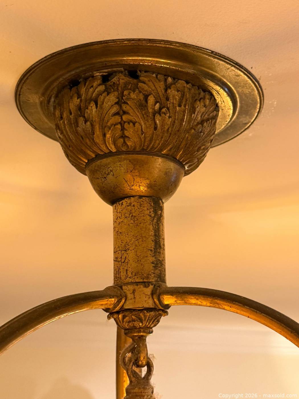 Art Nouveau brass ceiling light with 4 iridescent pulled-feather glass ...