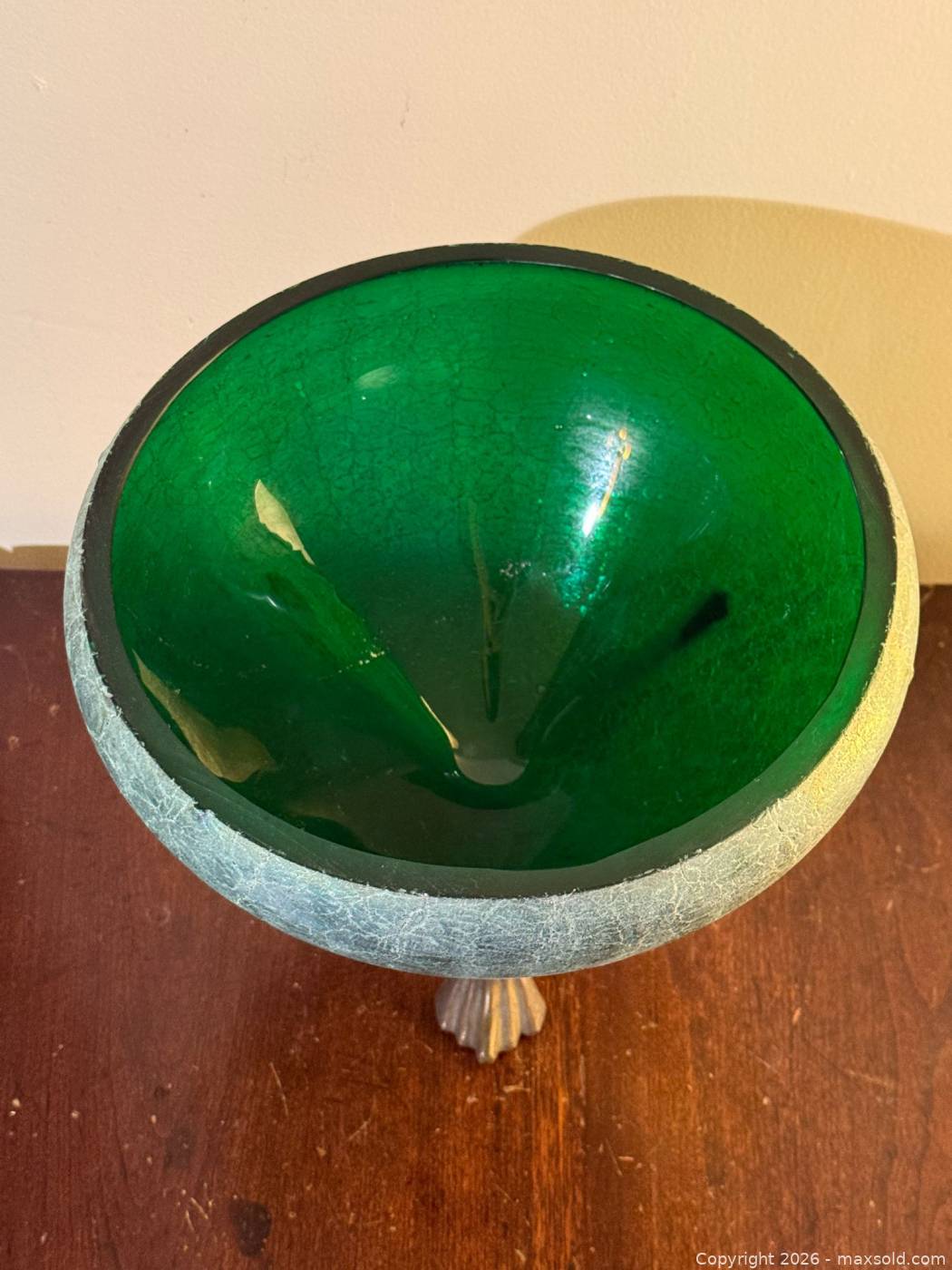 Green Iridescent Glass Bowl on Bronze Stand | Maxsold