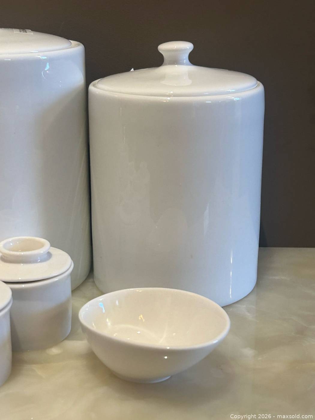 White Ceramic Canisters, Bowring Egg/Butter Dishes, Small Bowls | Maxsold