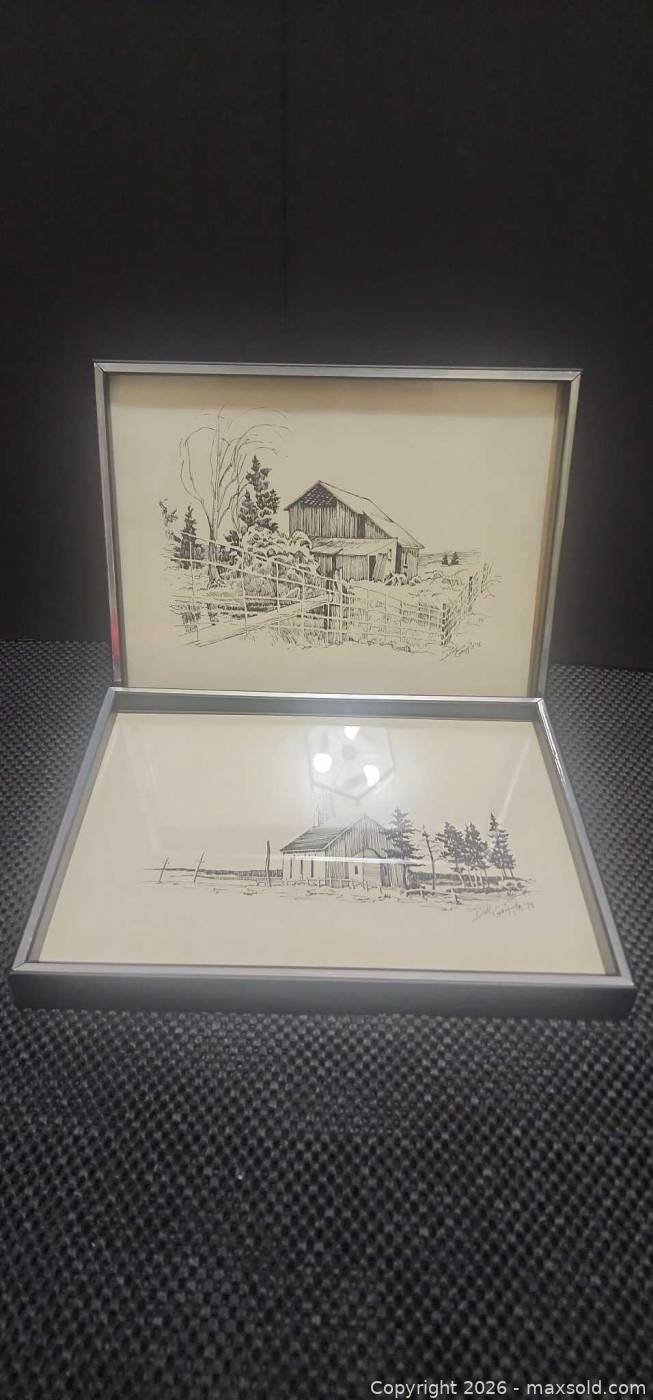 Signed 1975 Dick Griffin pen-and-ink landscape prints, framed pair ...
