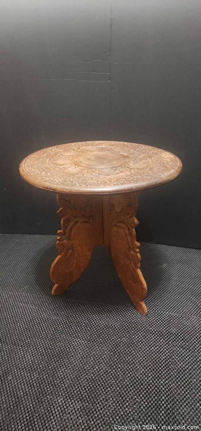 Carved Hardwood Folding Side Table | Maxsold