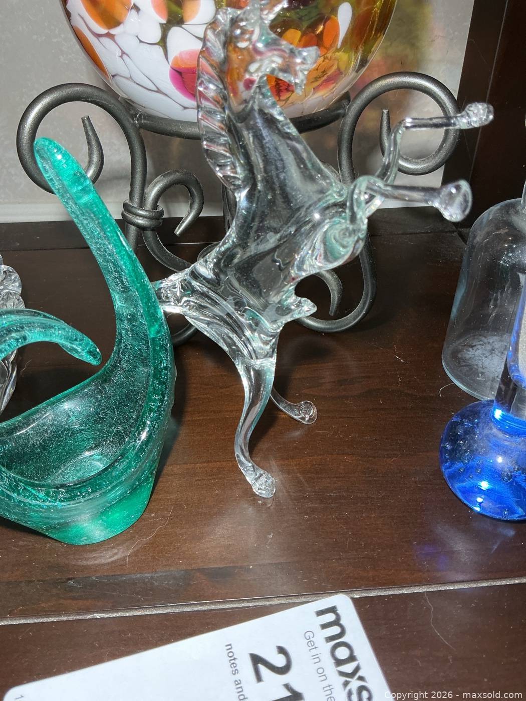 Art glass figures, bud vase and glass ball | Maxsold