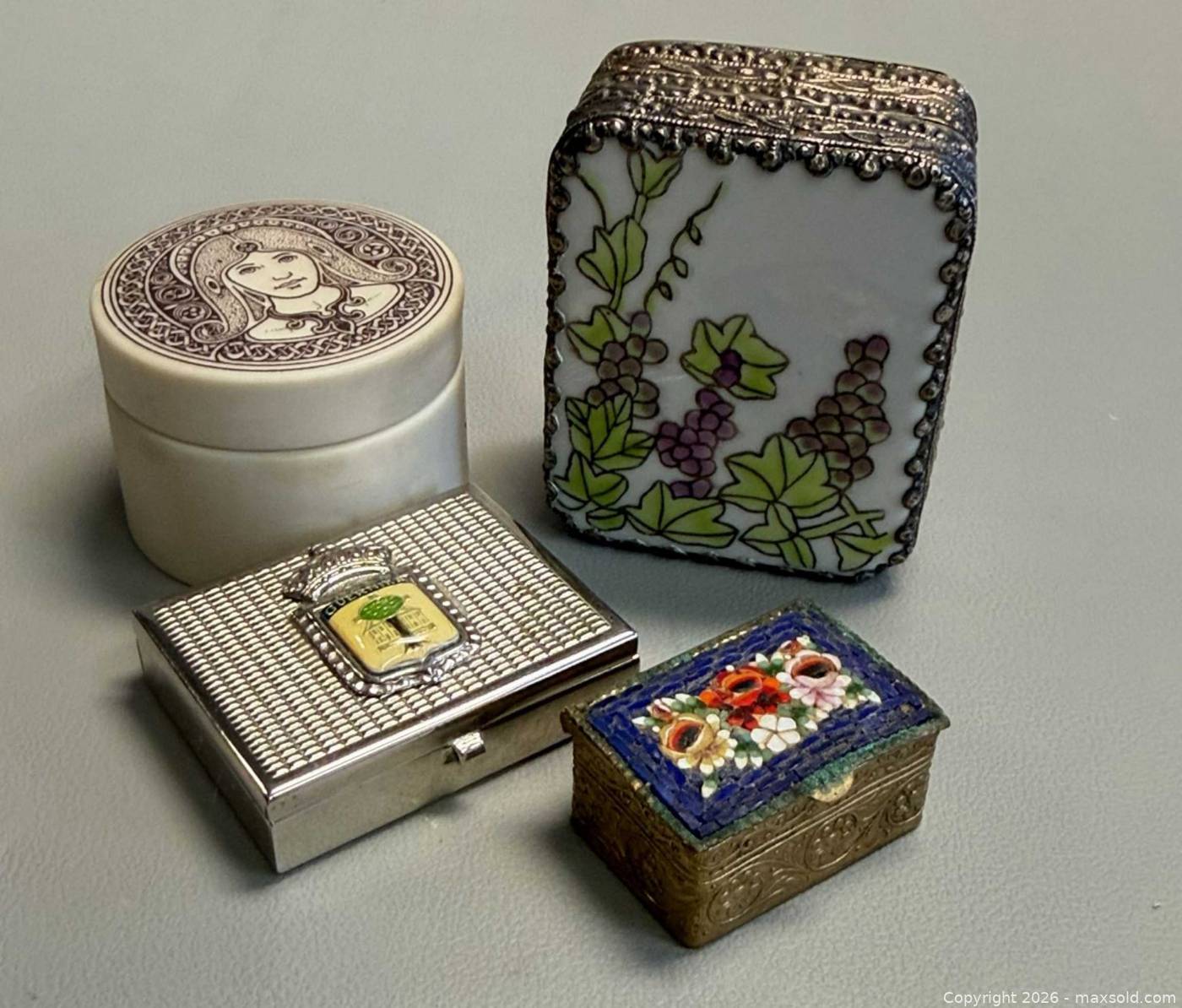 Vintage Italian micro mosaic brass floral pill box and three additional ...