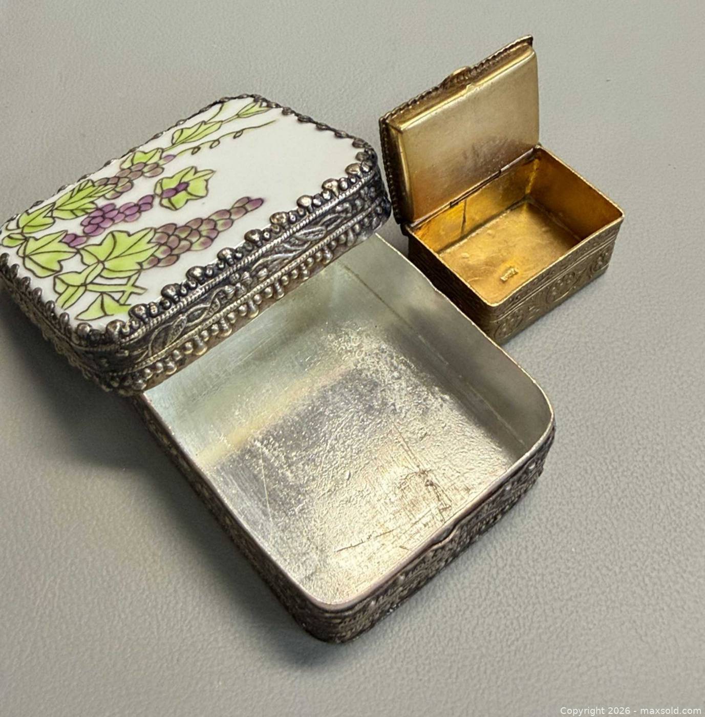 Vintage Italian micro mosaic brass floral pill box and three additional ...