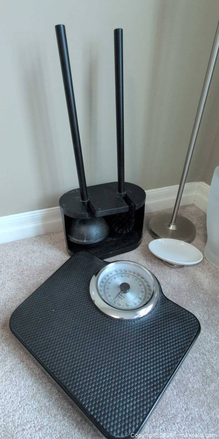 Bathroom Scale, Waste Can, Soap Dish, Plunger & Brush | Maxsold