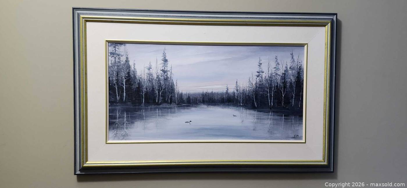 Acrylic painting Loons on Lake signed ESA 20x32 | Maxsold