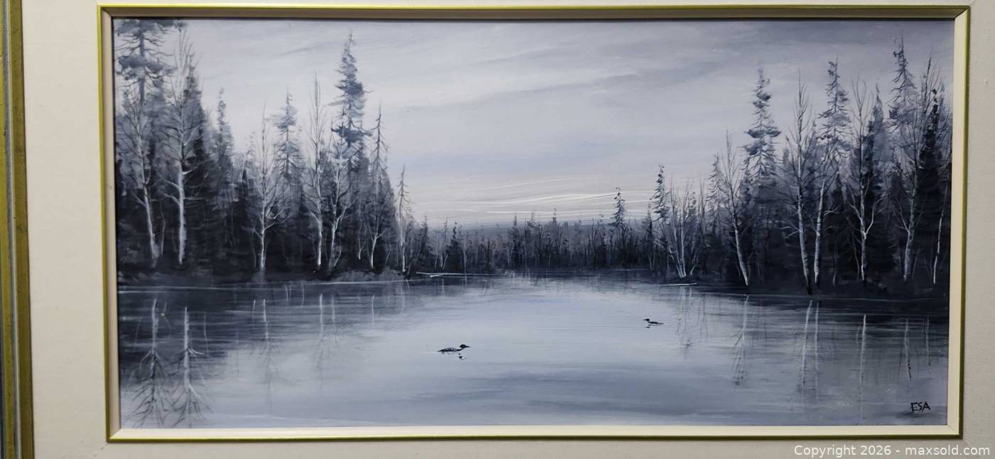 Acrylic painting Loons on Lake signed ESA 20x32 | Maxsold