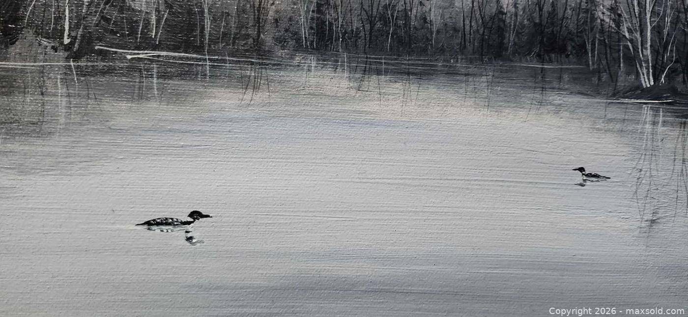 Acrylic painting Loons on Lake signed ESA 20x32 | Maxsold